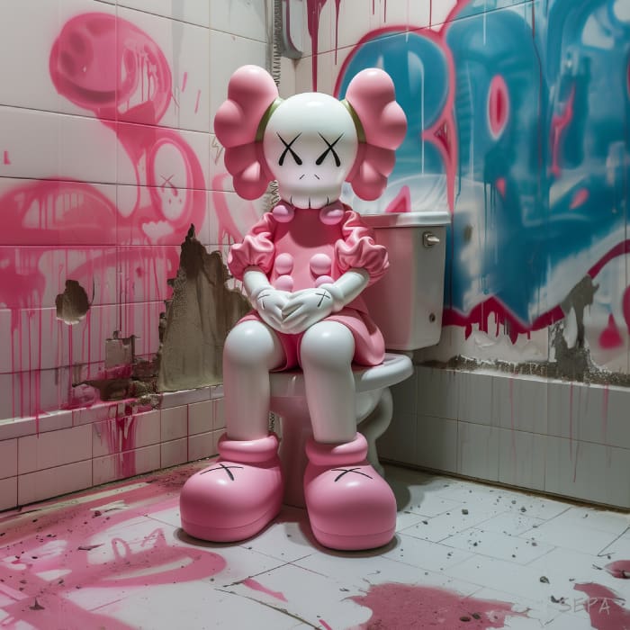 Graffiti Girl Kaws in Bathroom - PikPoket. Mini Prints, Enamel Pins + More